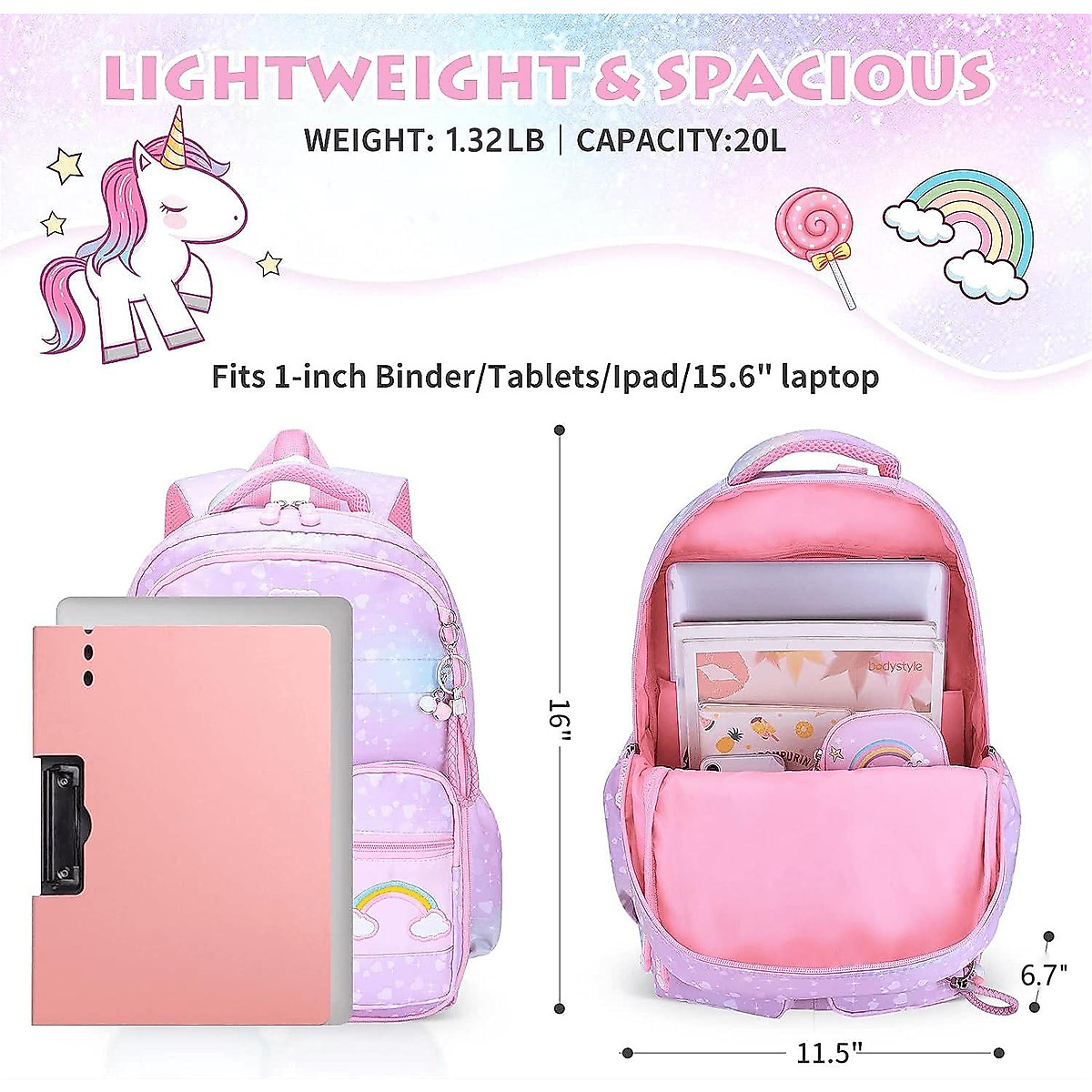 Backpacks for Girls, Kids Backpack School Bookbags with Insulated Lunch Box for School Elementary Girl, School Bag with Laptop Compartments, Galaxy Purple