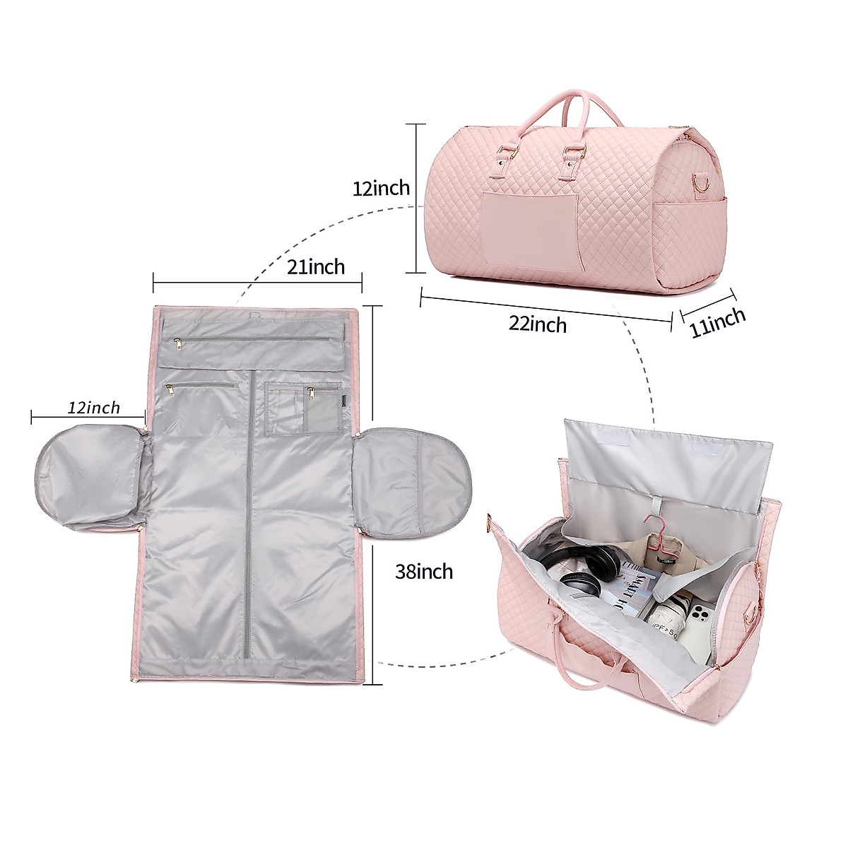 Convertible Carry on Garment Bag for Women,Leather Garment Bags for Travel with Shoe Pouch 2 in 1 Hanging Suitcase Suit Bag for Women Travel Bags for Women Duffle Bag Garment Bag Gifts for Women Pink