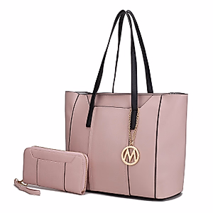 MKF Set Shoulder Bag for Women & Wristlet Wallet Purse: Top Handle Tote Satchel PU Leather Handbag Pocketbook Dark Pink