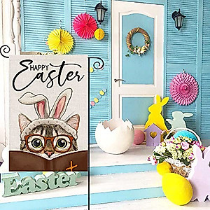 Happy Easter Garden Flag for Outdoor 12x18 Double Sided,Religious Cat with Bible Rabbit Ears Small Yard Flag,Seasonal Decors for Spring Farmhouse Holiday Outside