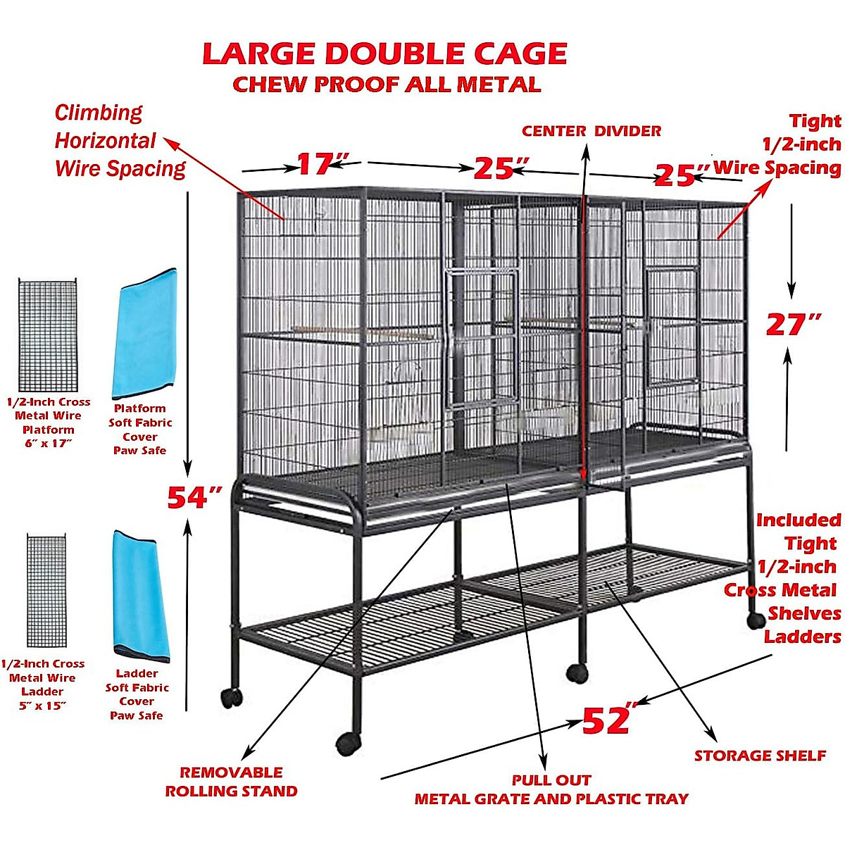 54" Large Double 3-Levels Small Animals Critters Wrought Iron Chew Proof Cage Center Slide Out Divider Tight 1/2-inch Bar Spacing Removable Rolling Stand Ferret Squirrel Chinchilla Rat Mouse