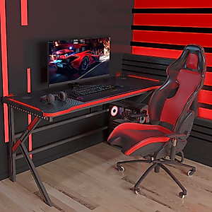 Arespark Gaming Desk with LED Lights, 47in Ergonomic Home Office Tables PC Study Desks, K-Shaped Carbon Fiber Surface Computer Desk Gamer Table Christmas Day Gamer Gift (47 Inch)
