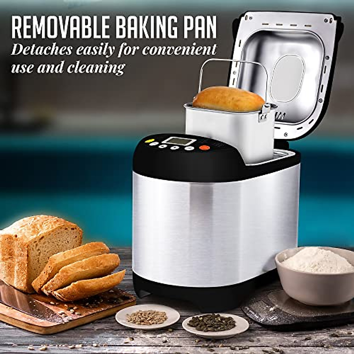 OVENTE Bread Maker Machine with Gluten Free Setting, 19 Preset Menu, Digital Display and Nonstick Baking Pan, Perfect for Homemade Loaf, Sourdough, Wheat, Dough, Black BRM5020B