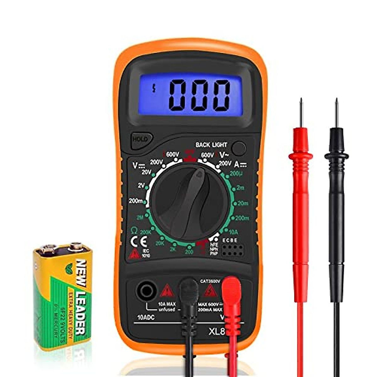 Digital Multimeter Voltmeter Battery Circuit Multi Tester OHM Volt Amp AC DC Voltage Current Continuity Resistance Diodes Electrical Test Meter with Test Leads LCD Display