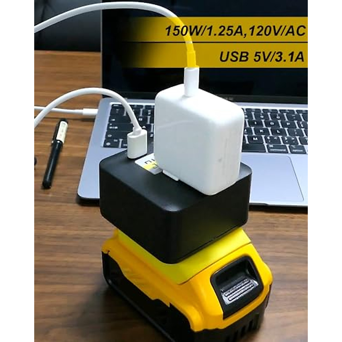 150W Portable Power Supply Inverter Fit for Dewalt Battery, DC 18-20v to AC 110-120v for Road Trip Home Emergency Laptops and Other Small Devices Tool, with Dual USB 5V 3.1A and 1 AC Socket