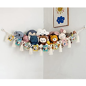 Mingtex Macrame Toy Hammock - for Stuffed Animals and Plush Toys, Soft Net Storage with Wooden Photo Clips, Soft Corner Hanging Netting, White Large