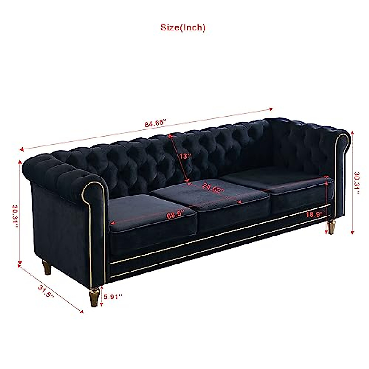 EMKK 84" Upholstered Chesterfield Tufted Sofa Couch for Living Room, Velvet Rolled Arm 3 Seater Classic Settee Sofá with Gold Trim, Black