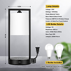 TOBUSA Wireless Charging Touch Control Table Lamps Set of 2, Bedside Nightstand Lamps White Fabric Shade, Modern Dimmable Desk Lamps for Bedroom Living Room Office Warm White E26 Bulbs Included