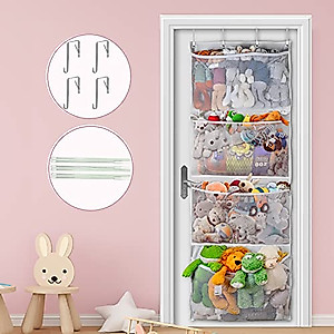 DBEES Stuffed Animal Storage, Large Capacity Over Door Stuffed Animal Organizer, 4 Expandable Mesh Net Pockets Breathable Hanging Plush toy storage, for Boys, Girls, Organizing Nursery, Bedroom