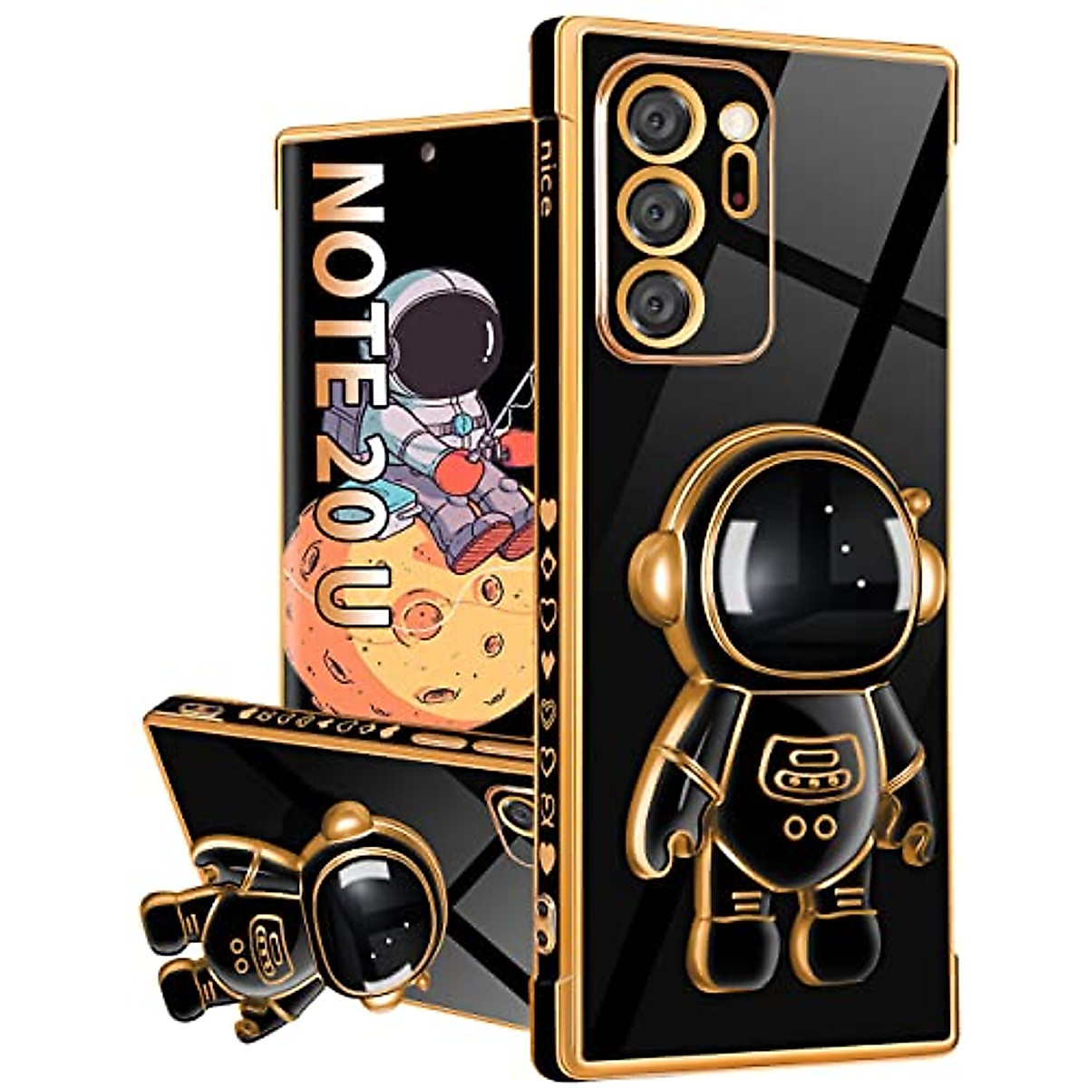 Buleens for Galaxy Note 20 Ultra Case, Cute Heart Pattern 6D Gold Plating Astronaut Hidden Stand Cases for Samsung Galaxy Note 20 Ultra 6.9 Inch-Black