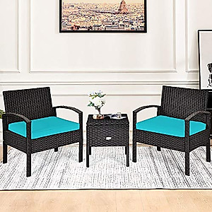 HAPPYGRILL 3-Piece Patio Furniture Set Rattan Wicker Sofa Set with Removable Cushion and Coffee Table with Storage Space, Conversation Bistro Sofa Chairs Set for Garden Poolside Balcony, Turquoise