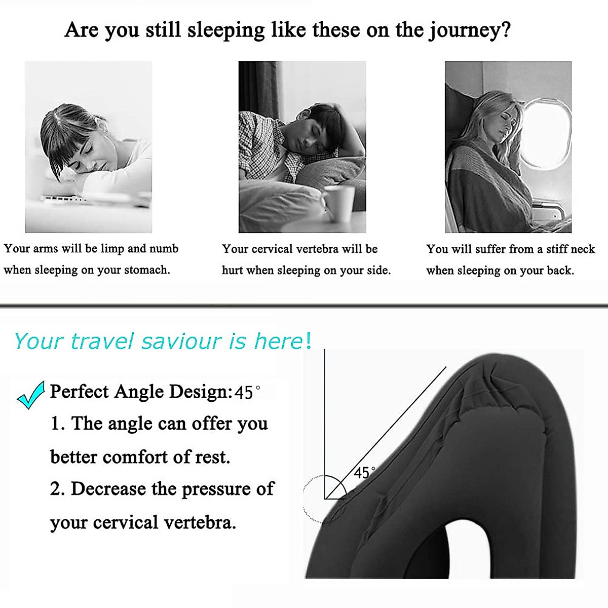 Inflatable Travel Pillow, Airplane Neck Pillow for Sleeping, Supports Head and Chin for Airplanes,Trains,Cars and Office Napping with 3D Eye Mask and Earplugs and Portable Drawstring Bag