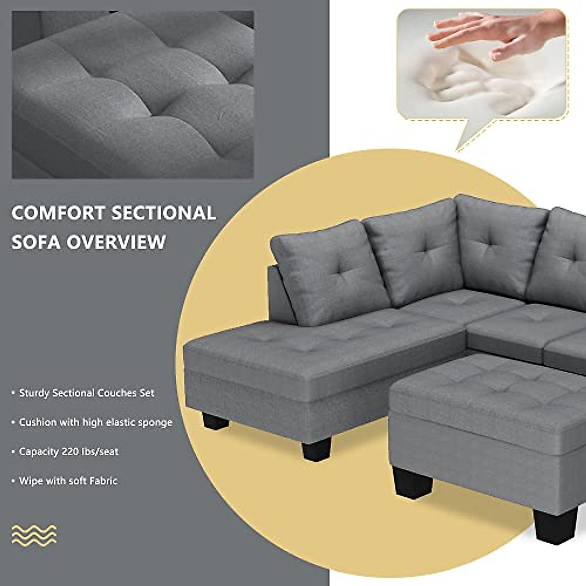 AWQM Upholstered Sectional Sofa for Home, Apartment, Dorm, Bonus Room, Compact Spaces w/Chaise Lounge, 5-Seat, L-Shape Design, Reversible Ottoman Bench, Living Room Funiture