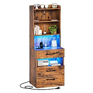 AOGLLATI Tall Night Stand with Charging Station and LED Lights, Nightstand with 3 Drawers, Bedside Table with Bookshelf, Modern End Side Table for Bedroom, Rustic Brown
