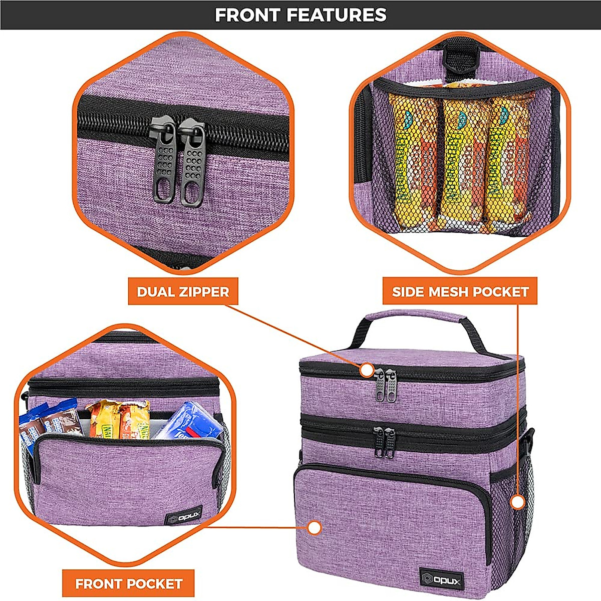 opux Insulated Lunch Bag for Men Women, Large Dual Compartment Cooler Bag, Soft Two Deck Lunch Box for Work School Picnic, Leakproof Lunch Tote with Shoulder Strap for Kid Adult (Purple, Double Deck)