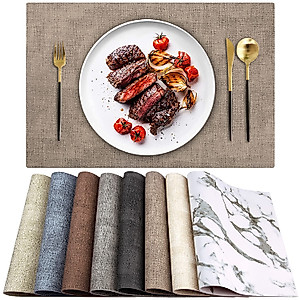 LANDVIEW Leather Heat Resistant Placemats Set of 6 Waterproof Wipeable Washable PU Table Mats,Easy to Clean Anti-Slip Place Mats (Light Brown, 6)