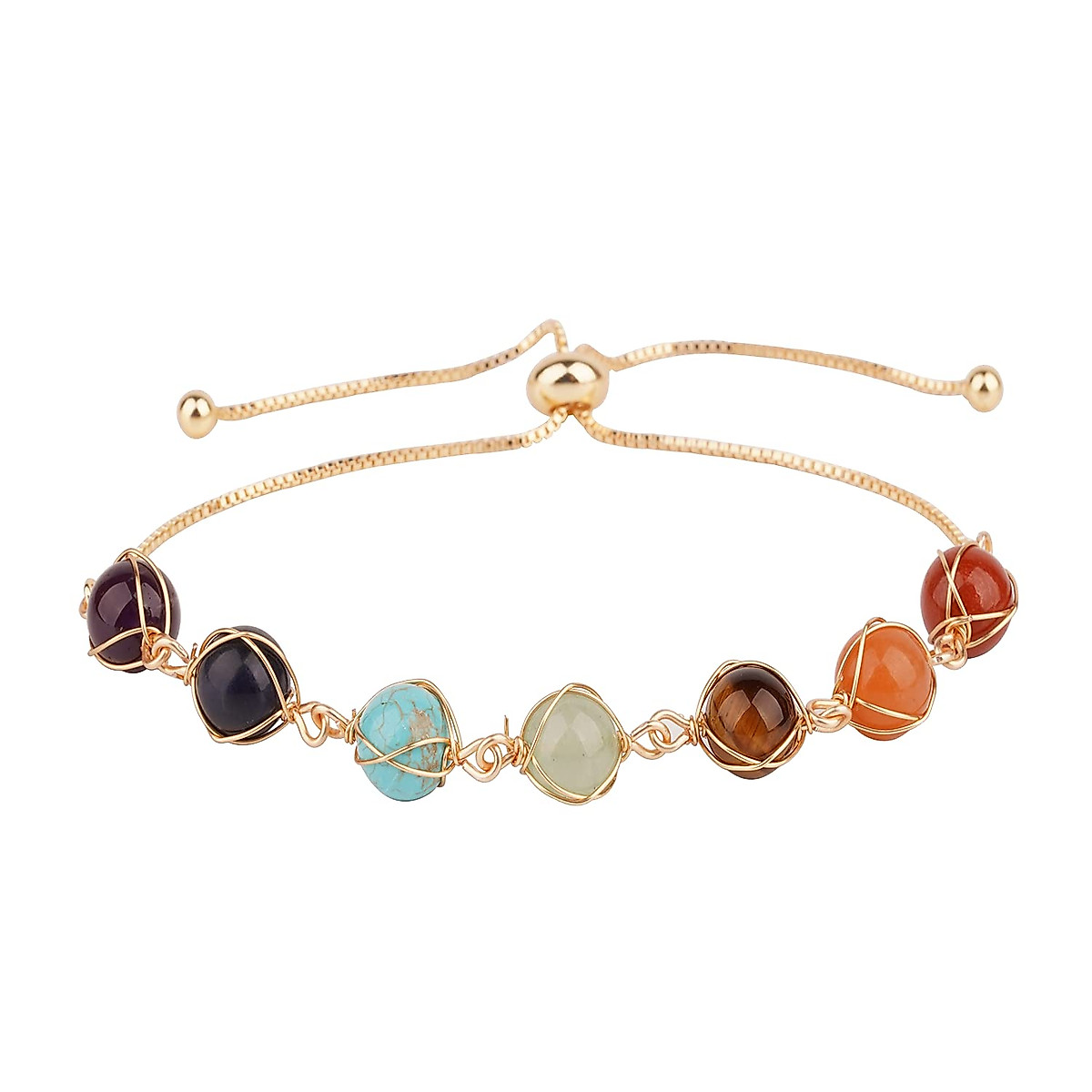 ASGIFT 7 Chakra Bracelet Adjustable 14K Gold Wire Wrapped 8mm Gemstone Beads Yoga Medititaion Bracelet Natural Crystal Stones Stretch Cuff Bracelets Jewelry for Women Girlfriend