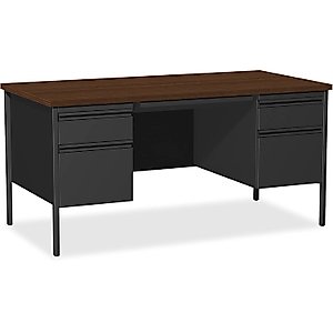 Lorell Fortress Series Double Pedestal Desk, 60" x 30" x 29.5", Black Steel Frame with Walnut Top