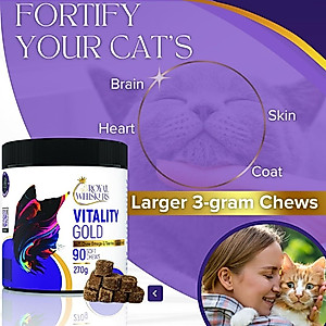 Royal Whiskers Vitality Gold: Feline Health Chews - Omega 3,Taurine,CoQ10, & Biotin Rich - Vet-Formulated for Cell,Heart,Brain, Vision Wellness - 90 (3g) Chews, Made in USA