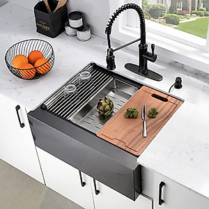 27 Inch Black Farmhouse Sink Workstation-Bokaiya 27x22 Matte Black Stainless Steel Farmhouse Apron Front 16 Gauge Single Bowl Farm Sink with Cutting Board