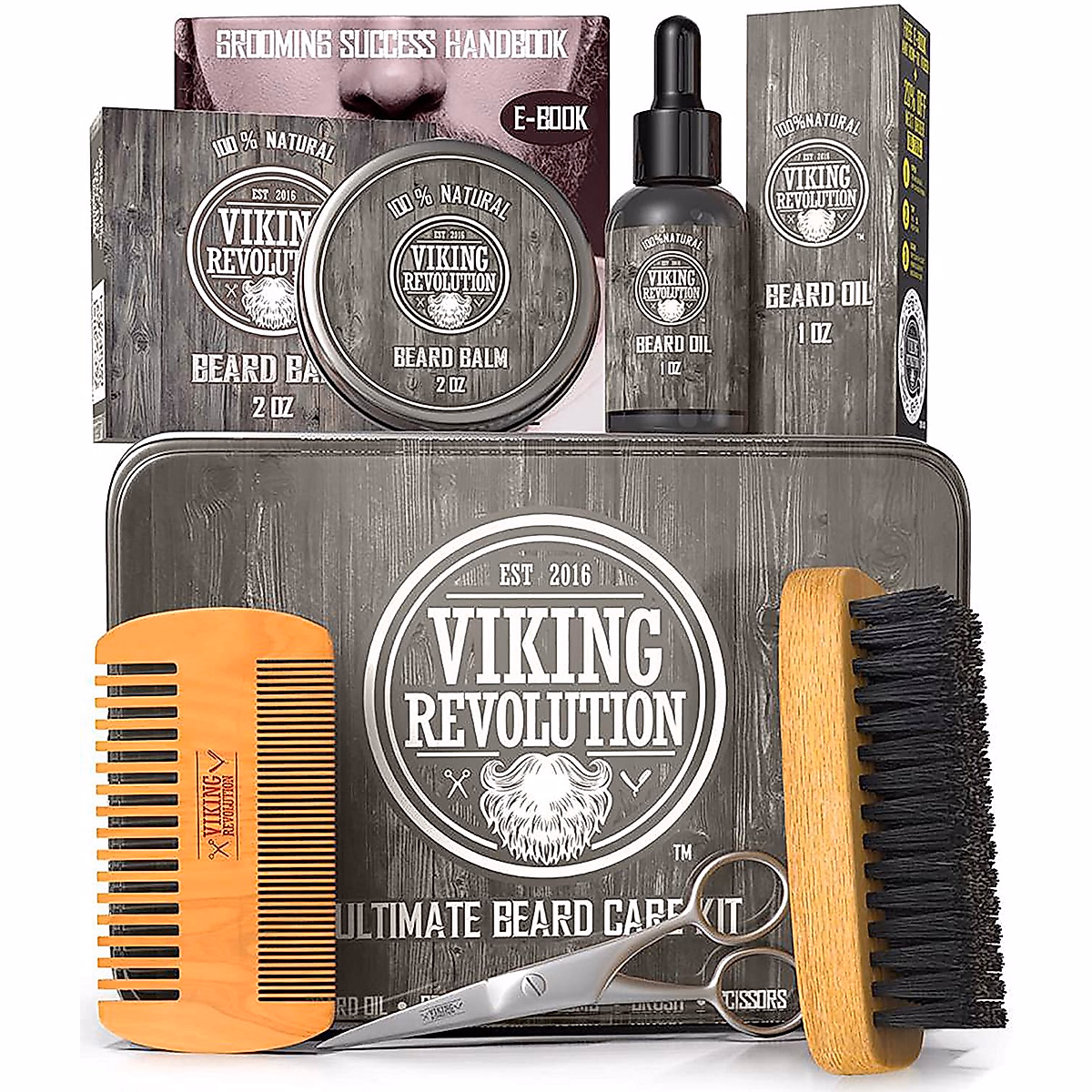Viking Revolution Beard Care Kit for Men - Ultimate Beard Grooming Kit includes 100% Boar Men’s Beard Brush, Wooden Beard Comb, Beard Balm, Beard Oil, Beard & Mustache Scissors in a Metal Box