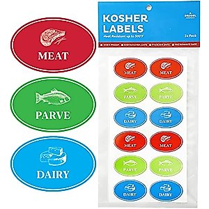 The Dreidel Company 24 Assorted Kosher Labels, 8 Blue Dairy, 8 Red Meat, 8 Green Stickers, Oven Proof up to 500°, Freezable, Microwavable, Dishwasher, English, Coded Kosher Kitchen Tools (24-Pack)