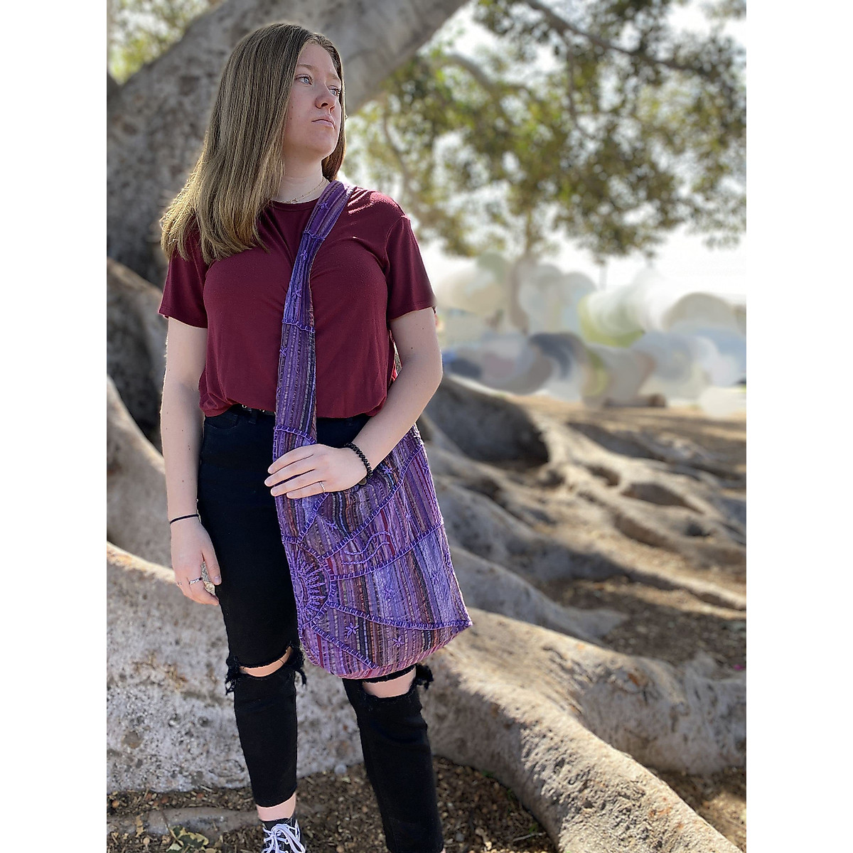 Hand Embroidered Peace and Sunrise Boho Crossbody Hippie Handbag - Unique, Ethical, and Vibrant for the Free-Spirited Soul (Purple)