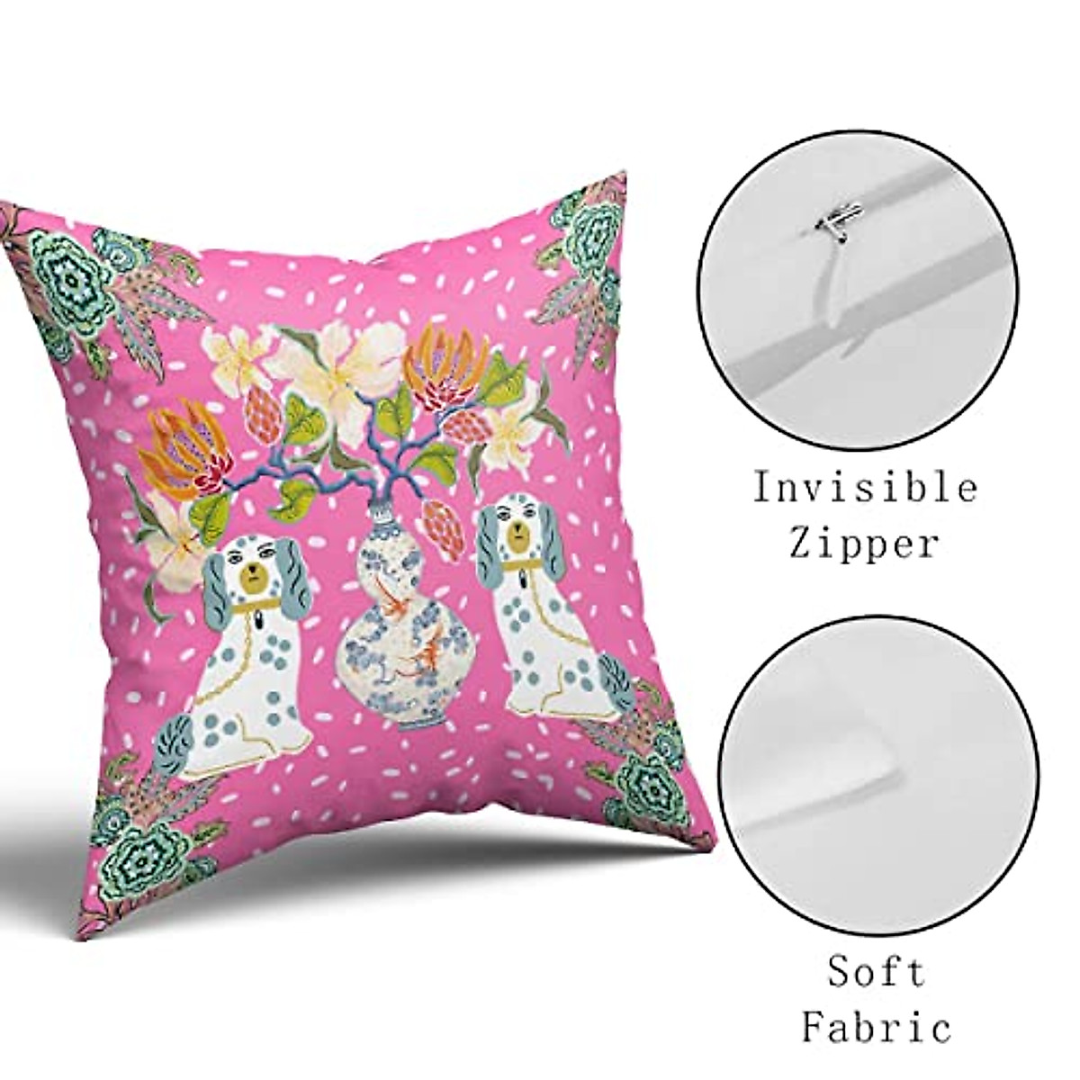 Chinoiserie Style Throw Pillow Covers 18x18 Set of 2 Dog Pillow Covers, Pink Pillow Covers Animal Cushion Cover for Couch Sofa Home Decor Cushion Covers Outdoor Decor