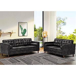 Lesofair 84" Faux Leather 3-seat Sofa with 2 Bolster Pillows, Tufted Couch with Wooden Legs, Morden Sofa Suitable for Living Room, Office, Black