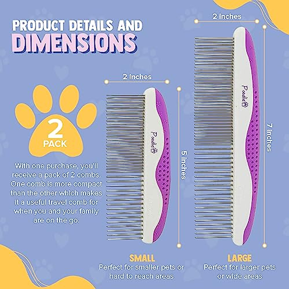 Poodle Pet Dog Combs for Grooming | 2 Pack | Stainless Steel Teeth Easily Remove Dirt | Proper Care Prevents Knots and Mats for Long and Short Haired Pets |Anti-Slip Comfort Grip Handle| Purple