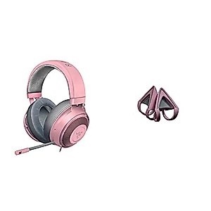 Razer Kraken Over Ear Headset, Quartz Pink Retractable & Razer RC21-01140300-W3M1 Kitty Ears for Kraken, Quartz Pink
