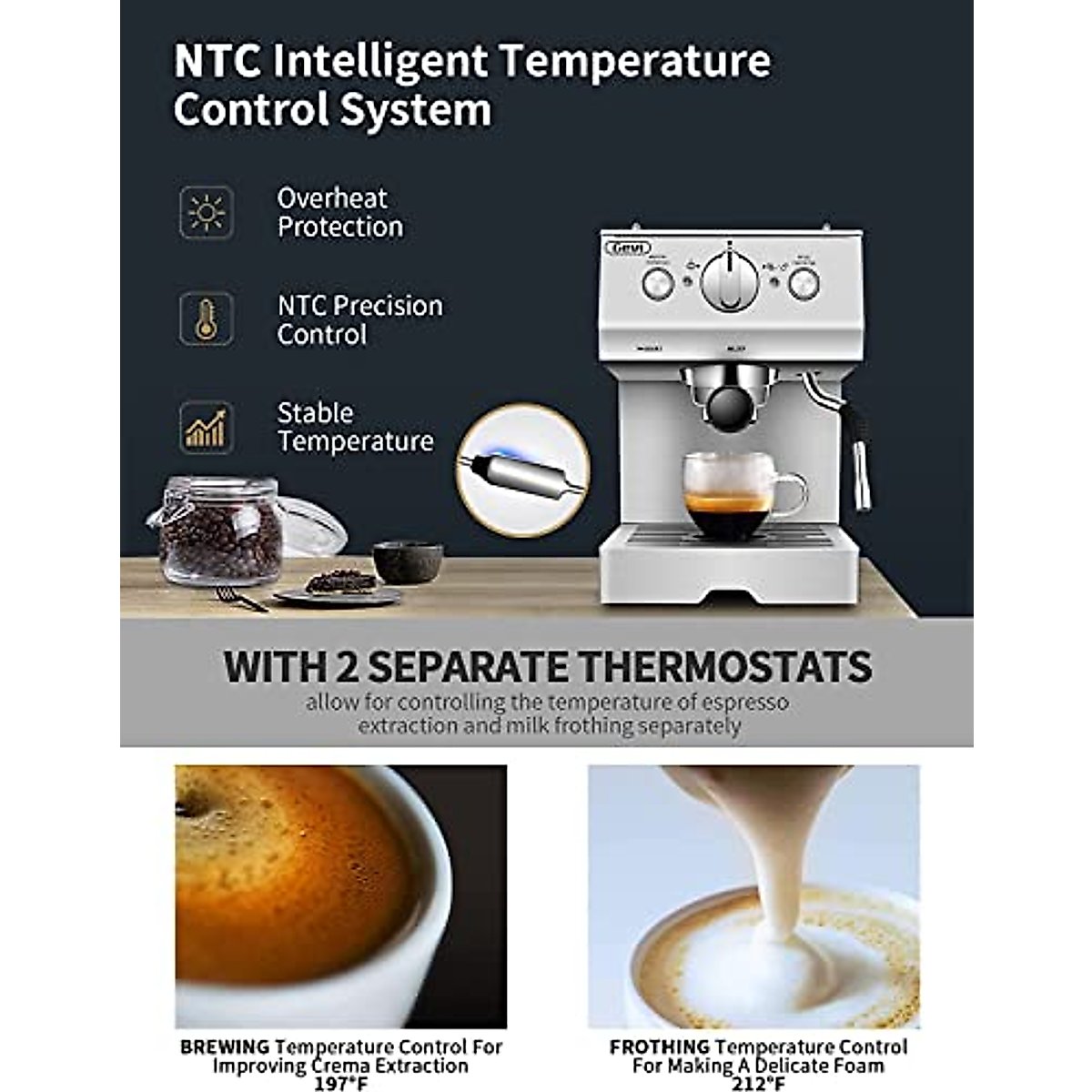 Espresso Machines 15 Bar with Adjustable Milk Frother Wand Expresso Coffee Machine for Cappuccino, Latte, Mocha, Machiato, 1.5L Removable Water Tank, Double Temperature Control System, 1100W, Black
