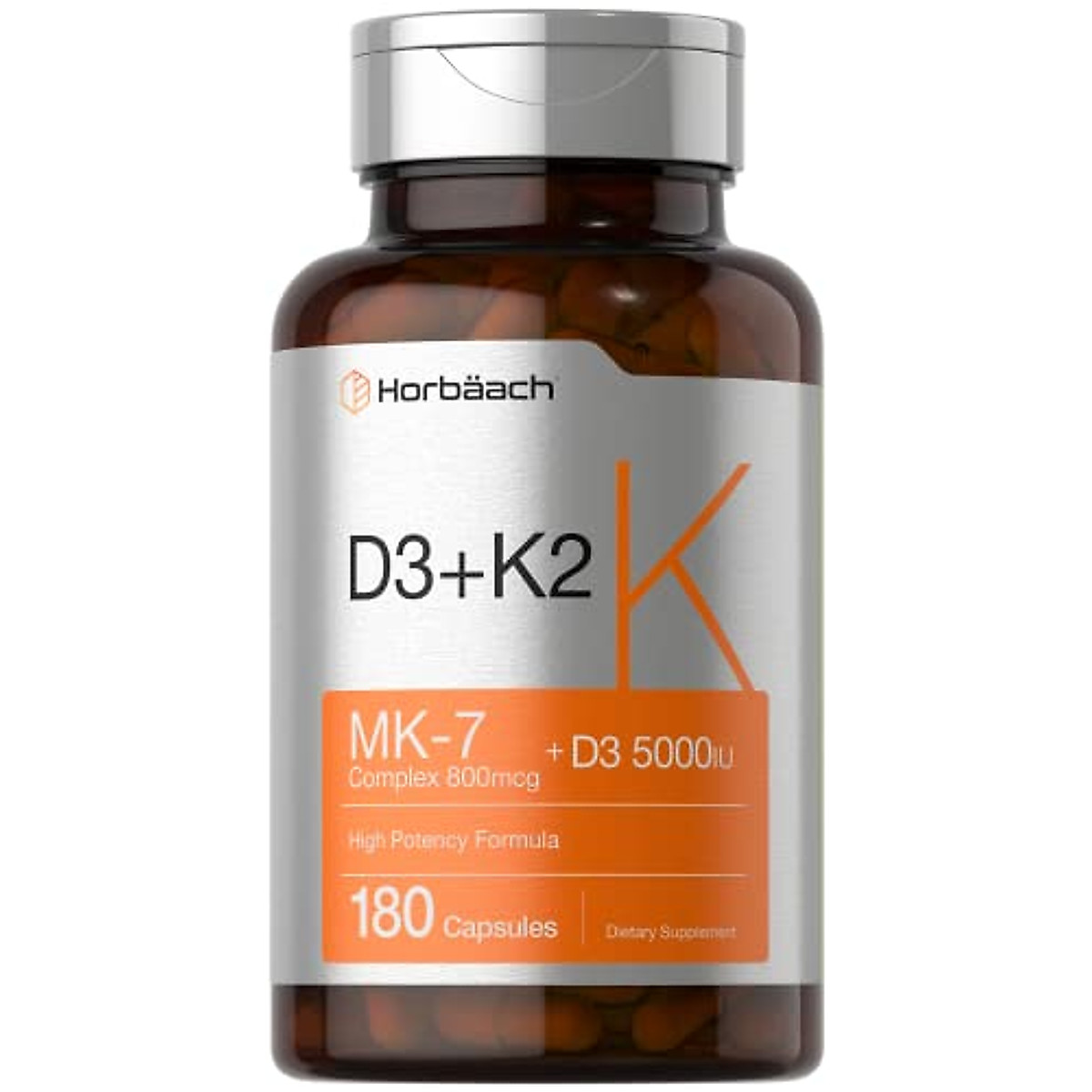 Vitamin K2 MK7 with D3 | 180 Capsules | 800 mcg Complex Plus MK4 | 5000 IU of D3 | Non-GMO, Gluten Free | Vitamin Supplement by Horbaach