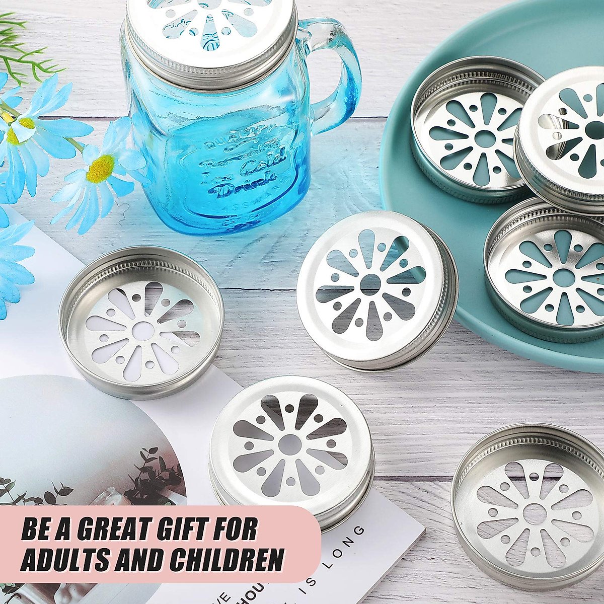 16 Pcs Daisy Mason Can Jar Lids Regular Mouth Jar with Lids Flower Canning Lids for Mason Canning Regular Jar Split-Type Canning Lids Rustproof Daisy Cut with Straw Hole for Mason, Ball, Canning Jar