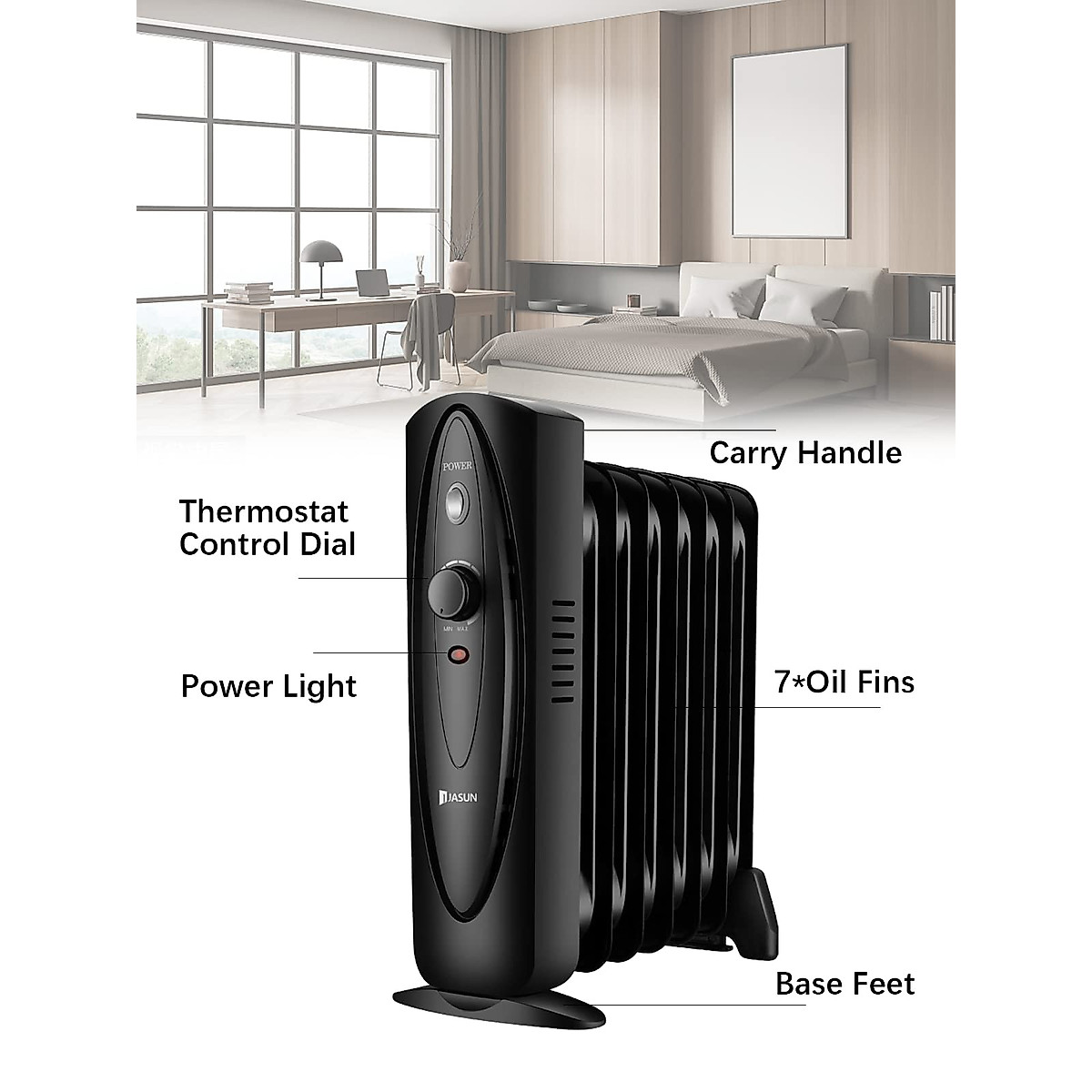 Mini Oil Filled Space Heater, JASUN Electric Radiator Heater with Adjustable Temperature, 700W Powerful Heating for Bedroom, Office, Living Room, Black
