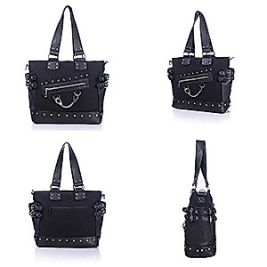 Women Fashion Rivet Handbag Purse Canvas Punk Tote with Shoulder Strap Crossbody Bag Large Capacity Black (Black)