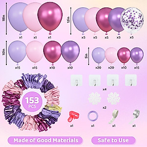 Amandir 153pcs Pink Purple Balloon Garland Arch Kit, Different Sizes 18 12 10 5 inch Pink Purple Red Latex Metallic Confetti Purple Balloons for Girl Women Birthday Bridal Baby Shower Party Decoration