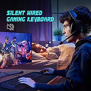 yesbeaut Gaming Keyboard, 7-Color Rainbow LED Backlit, 104 Keys Quiet Light Up Keyboard, Wrist Rest, Whisper Silent, Anti-ghosting Multimedia Keys, Waterproof USB Wired Keyboard for PC Mac Xbox