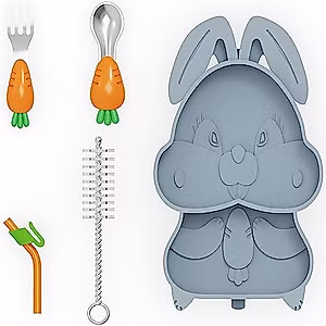 EMGATE Silicone Baby Feeding Set Includes Toddler Plates, Toddler Forks and Spoons –Premium 5-Piece Toddler Feeding Supplies – Non-BPA Bunny Plates with Straw, Brush – Cute Packaging (Blue)