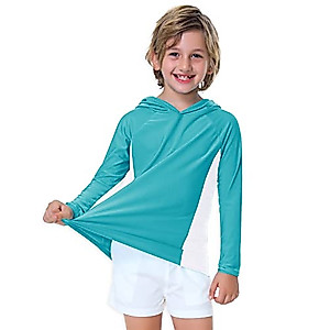 Kids Hooded Swim Shirt Long Sleeve Boys Girls Solid Color Rash Guard Tops Uv Protective Athletic Shirts Aqua White 7-8 Years