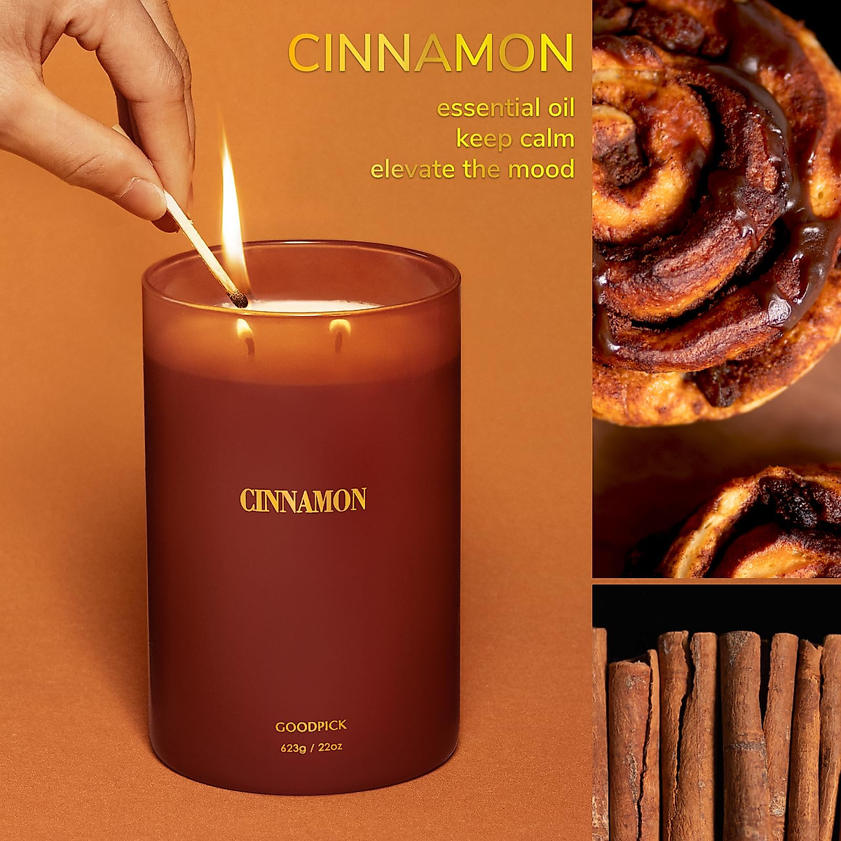 Goodpick Cinnamon Scented Candles 22 oz, Classic Luxury Candles for Home, 2-Wick Soy Candle, Large Jar Candles Gifts for Women, Birthday, Christmas, Bath, 120 Hours Burn Time