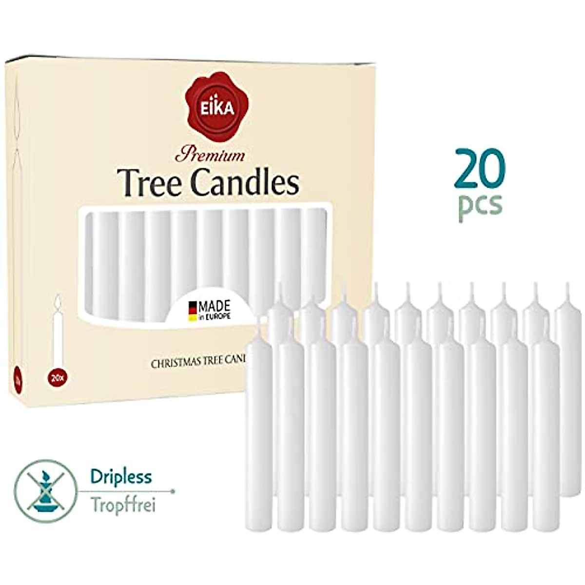 Eika Premium Christmas Tree Candles - Set of 20 Traditional Christmas Wax Candles for Pyramids, Carousels & Chimes - Made in Europe - Solid Colored - White