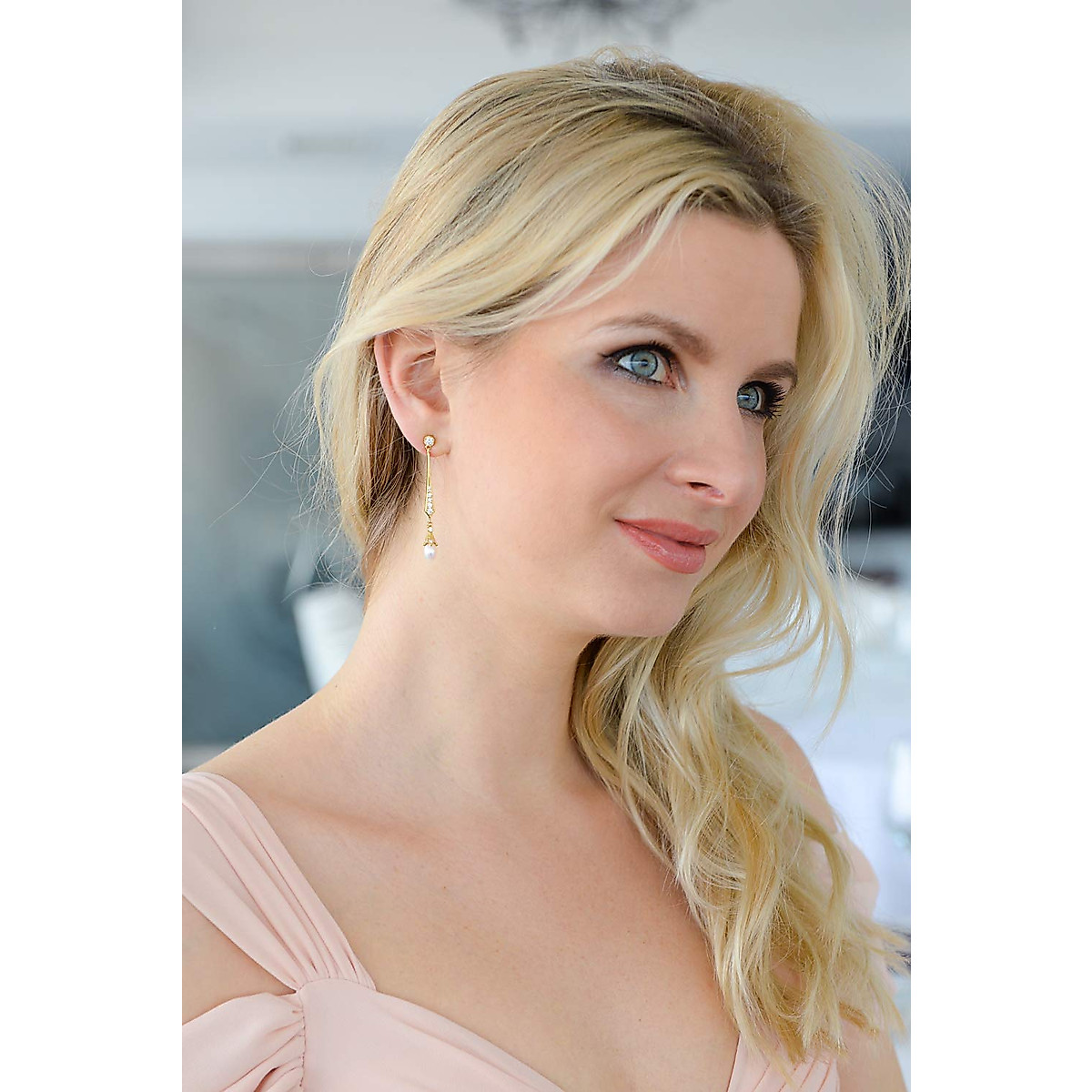 Mariell Gold Freshwater Pearl Cubic Zirconia Dangle Earring for Brides, Prom, Wedding, Birthday Gift