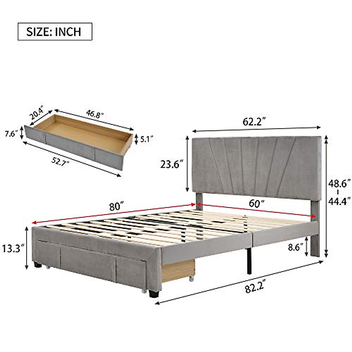Livavege Queen Bed Frame with Wingback Headboard and Storage Drawers, Velvet Upholstered Platform w/Wooden Slats Support, Queen Size Bedframe No Box Spring Needed, Easy Assembly/Mattress Foundation