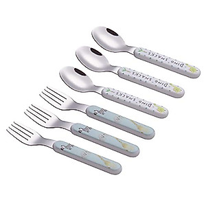 ANNOVA Kids Silverware 6 Pieces Stainless Steel Children's Flatware Set 3 x Forks, 3 x Dinner Spoons Plastic Handle, Toddler Utensils Without Knives, for Babies, Infants BPA Free - Cute Animals