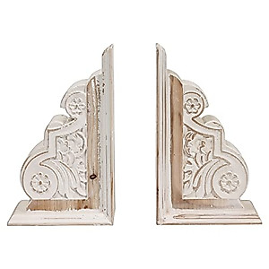 1 Pair Rustic Distressed Finish Wood Bookends, White Bookends Decorative Unique, Carved Pattern Farmhouse Book Ends for Shelves, Bookends for Heavy Books, Wooden Corbels for Home Room Decor