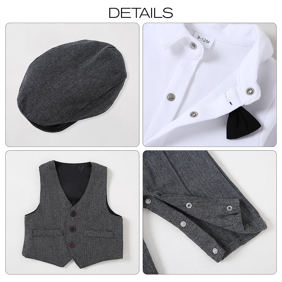 WESIDOM Baby Boy Suit Outfits Set 3pcs,Infant Tuxedo Long Sleeve Gentleman Wedding Jumpsuit & Vest Coat & Beret Hat