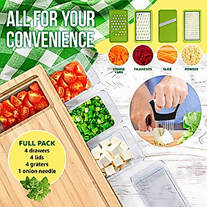 YANs Bamboo Cutting Board with Containers for Easy Meal Prep - Full Chopping Board Set with Extra Large Storage - Durable Wood Cutting Board Organizer incl Juice Groove to Keep Your Kitchen Tidy - Set