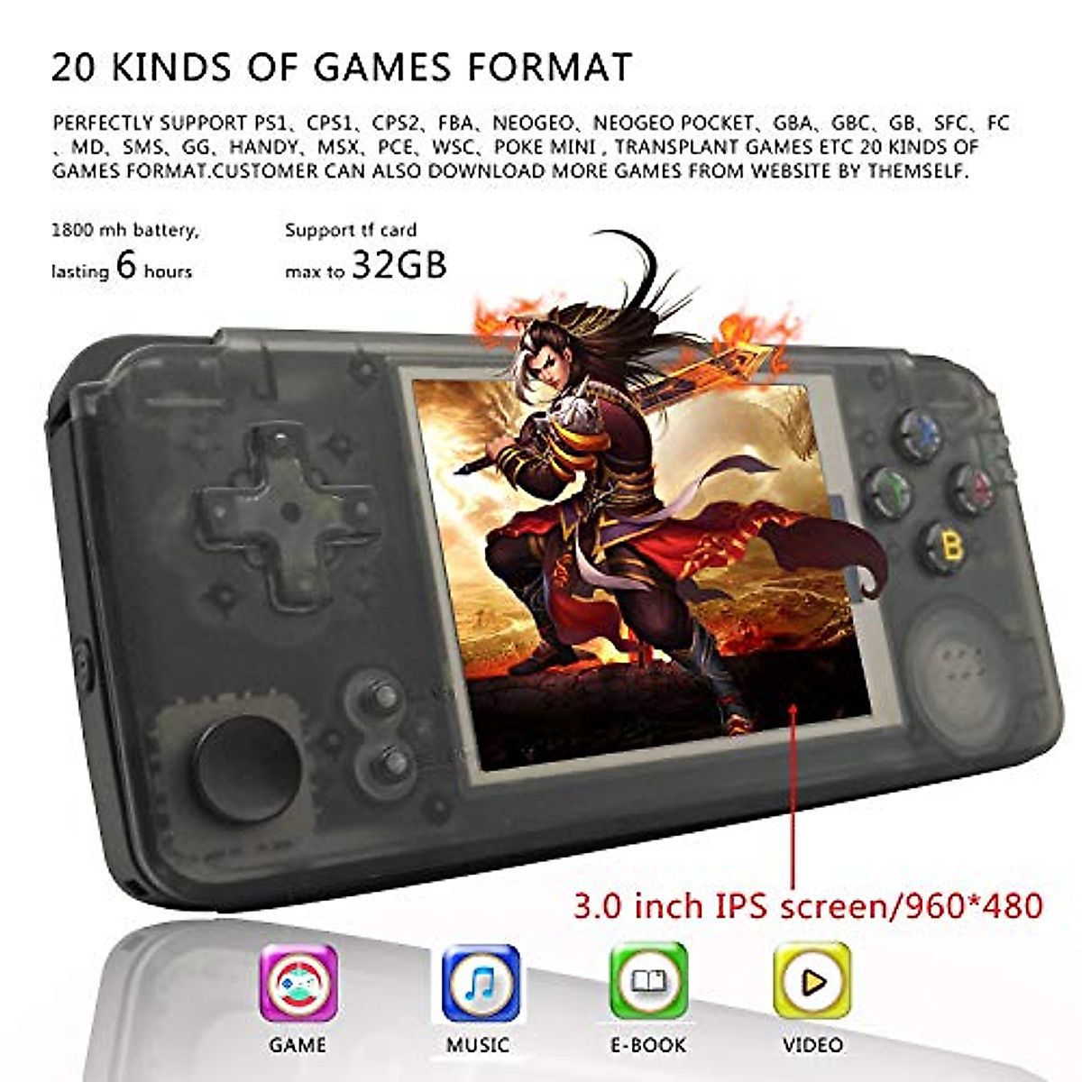 Handheld Game Console ,Retro Game Console OpenDingux Tony System , Built-in 3007 Classic Game Console 3 Inch IPS Screen Portable Video Game Console - Transparent Black