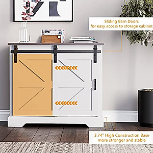 HOMFAMILIA 28" H Farmhouse Coffee Bar Cabinet w/Storage, White Kitchen Sideboard Buffet Cabinet with Sliding Barn Door, Rustic Accent Console with Adjustable Shelves, for Kitchen, Living Room
